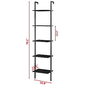 Tajsoon Industrial Bookcase, Ladder Shelf, 5-Tier Wood Wall Mounted Bookshelf with Stable Metal Frame, Open Display Rack for Bedroom, Home Office, Black
