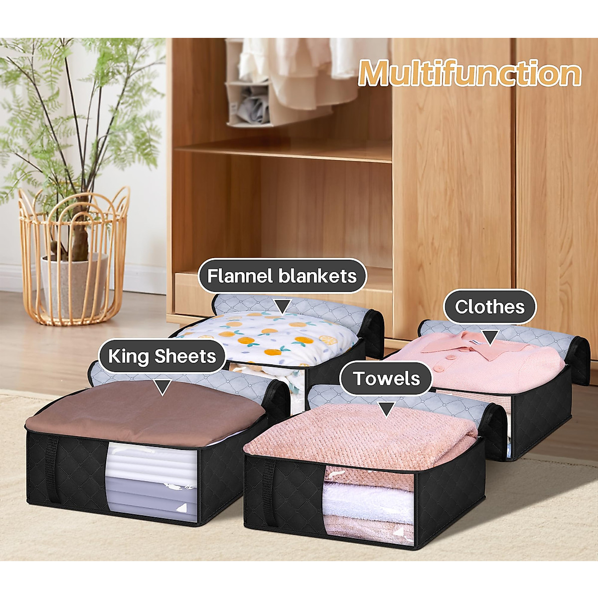 MISSLO Bed Sheet Organizers and Storage Queen/King Size Sheet Folder 4 Pack Linen Closet Organizer with Clear Window Blanket Storage Bags for Bedsheets, Pillow Cases, Towels, Clothes