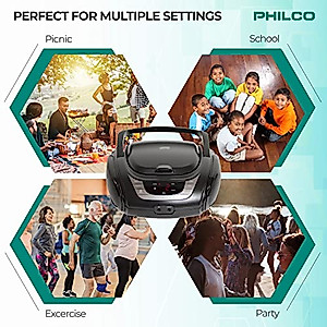Philco Portable Bluetooth Boombox with CD Player | CD Player is Compatible with MP3/WMA/CD-R/CD-RW CDs | AM FM Radio with Bluetooth | 3.5mm Aux Input | Stereo Sound | LED Display | AC/Battery Powered