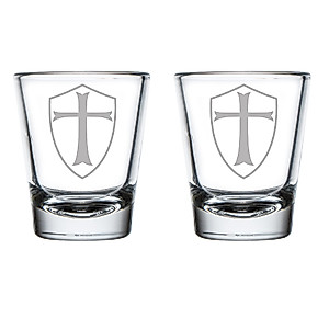 MIP Brand Set of 2 Shot Glasses 1.75oz Shot Glass Templar Shield Knight Cross
