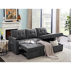 BOWERY HILL Dark Grey Woven Fabric Sleeper Sectional with USB Port