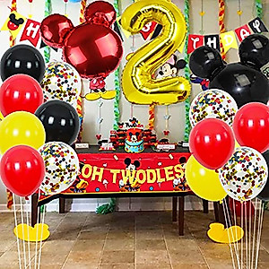 Cartoon Mouse 2nd Birthday Party Supplies - Oh Twodles Theme Party Decorations Includes Felt Banner,Welcome Hanger Door Sign, Tablecloth,Cake Cupcake Toppers,Mouse Head Balloons, 12" Latex Balloon, Confetti Balloon