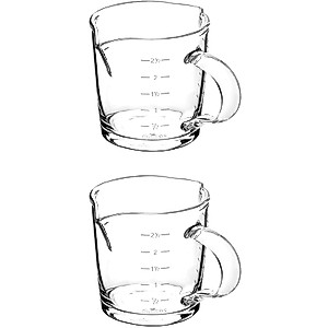 QWORK Espresso Shot Glass with Handle, 2 Pack 3-Ounce Double Spout Glass Measuring Cup Triple Pitcher Milk Cup with Two Scales (OZ&ML)