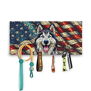 Ninety3POD Patriotic Siberian Husky Stained Glass Portrait American Flag Wood Key Holder Husky Dog Lover Gifts Wall-Mounted Key Rack Home Decor - 010