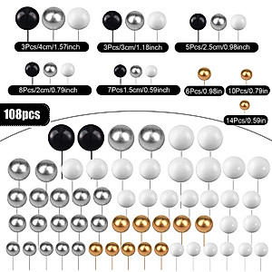 Tondiamo 108 Pcs Balls Cake Topper Balloons Cupcake Topper DIY Cake Insert Topper Foam Cake Balls Baking Decoration for Wedding Anniversary Birthday (Black, Silver, White, Gold,Multi Sizes)