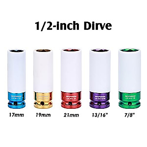 MIXPOWER 5 Pieces 1/2" Drive Wheel Protector Impact Socket Set, CR-MO, Metric/SAE, Thin Wall Deep Impact Socket Set, 6 Point, Color-Coded, 17mm, 19mm, 21mm, 13/16", 7/8"