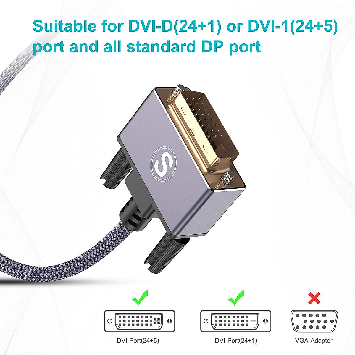sweguard DisplayPort to DVI Cable 10ft, DVI to Displayport Adapter Male to Male, High Speed Gold Plated Nylon Braided DP to DVI-D Cable Compatible with Lenovo, Dell, HP, Monitor, and Other Brand-Grey