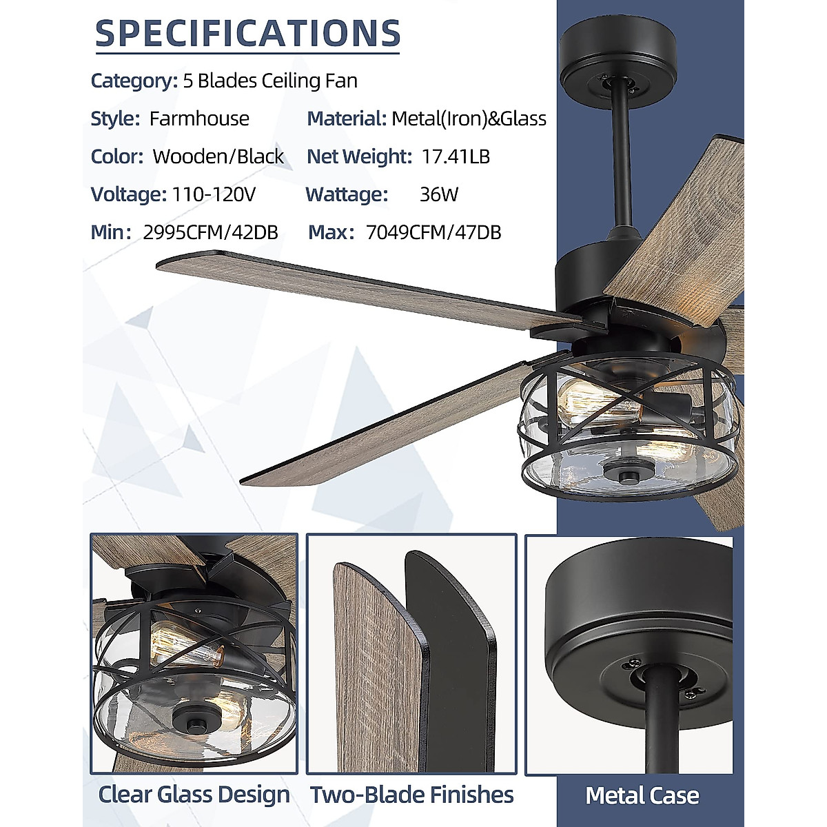 YOUKAIN Farmhouse Ceiling Fans, 48 Inch Industrial Ceiling Fan with Light and Remote Control, Clear Glass, 5-Reversible Blades with Matte Black/Wooden Finish, 52-YJ632