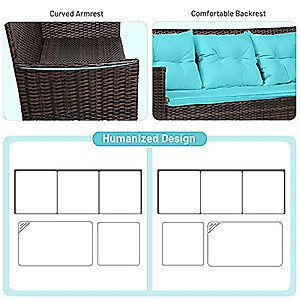 RELAX4LIFE 3 Pieces Patio Furniture Sectional Set, Rattan Wicker Conversation Set W/ 5 Cozy Seat & Back Cushions, Tempered Glass Coffee Table for Poolside, Backyard Outdoor Furniture (Turquoise)