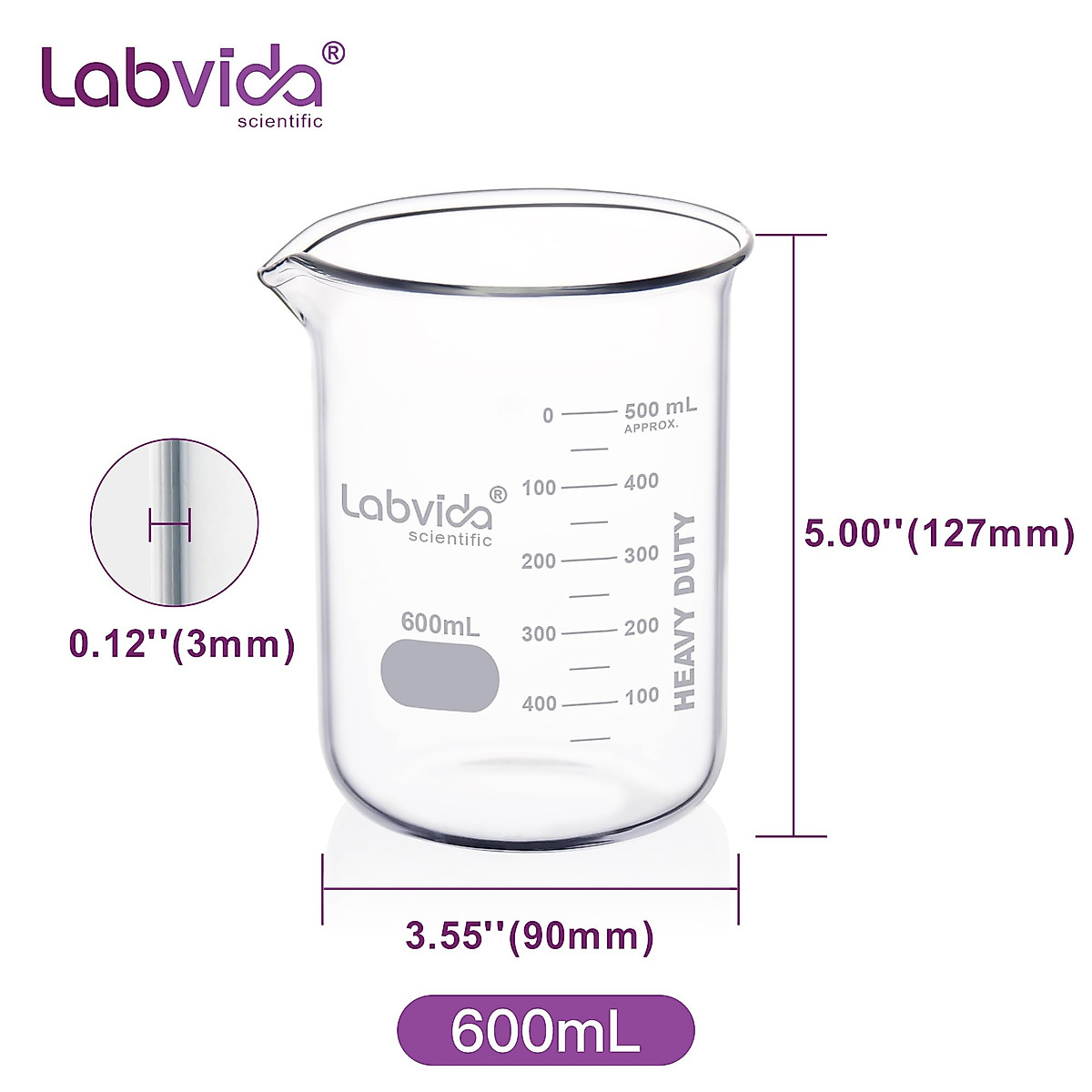 Labvida 6pcs 600ml Upgrated Thick Glass Beakers, Griffin Low Form Beaker Set with Double Scale, 3.3 Boro, LVA030