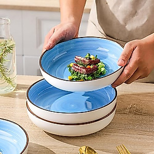 KOLLOV Pasta Bowls, 40oz Large Salad Bowl Set of 4, Ceramic Serving Soup Bowls Plates for Kitchen, Microwave & Dishwasher Safe (Blue)