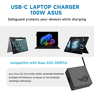 100W Laptop USB-C Charger for ASUS ROG Flow X13 Z13 ROG Zephyrus G14 G15 ROG Strix Scar 15 17 Asus ZenBook 14 14X Pro Duo 15 ASUS TUF Dash 15 F15 Gaming A15 -A20-100P1A 5A AC Adapter