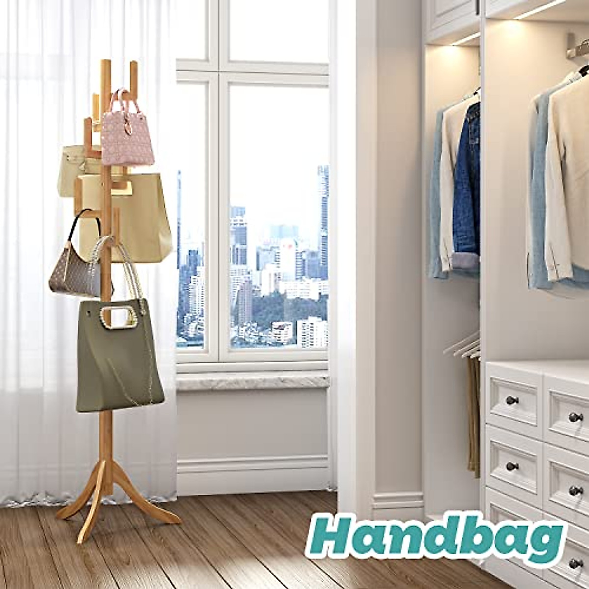 Vriccc Coat Rack Freestanding, Bamboo Cactus Coat Tree, Adjustable Height Wooden Coat Stand with 6 Hooks, kids coat rack, Used In The Bedroom Living Room, Office To Hang Clothes, Hats, Bags