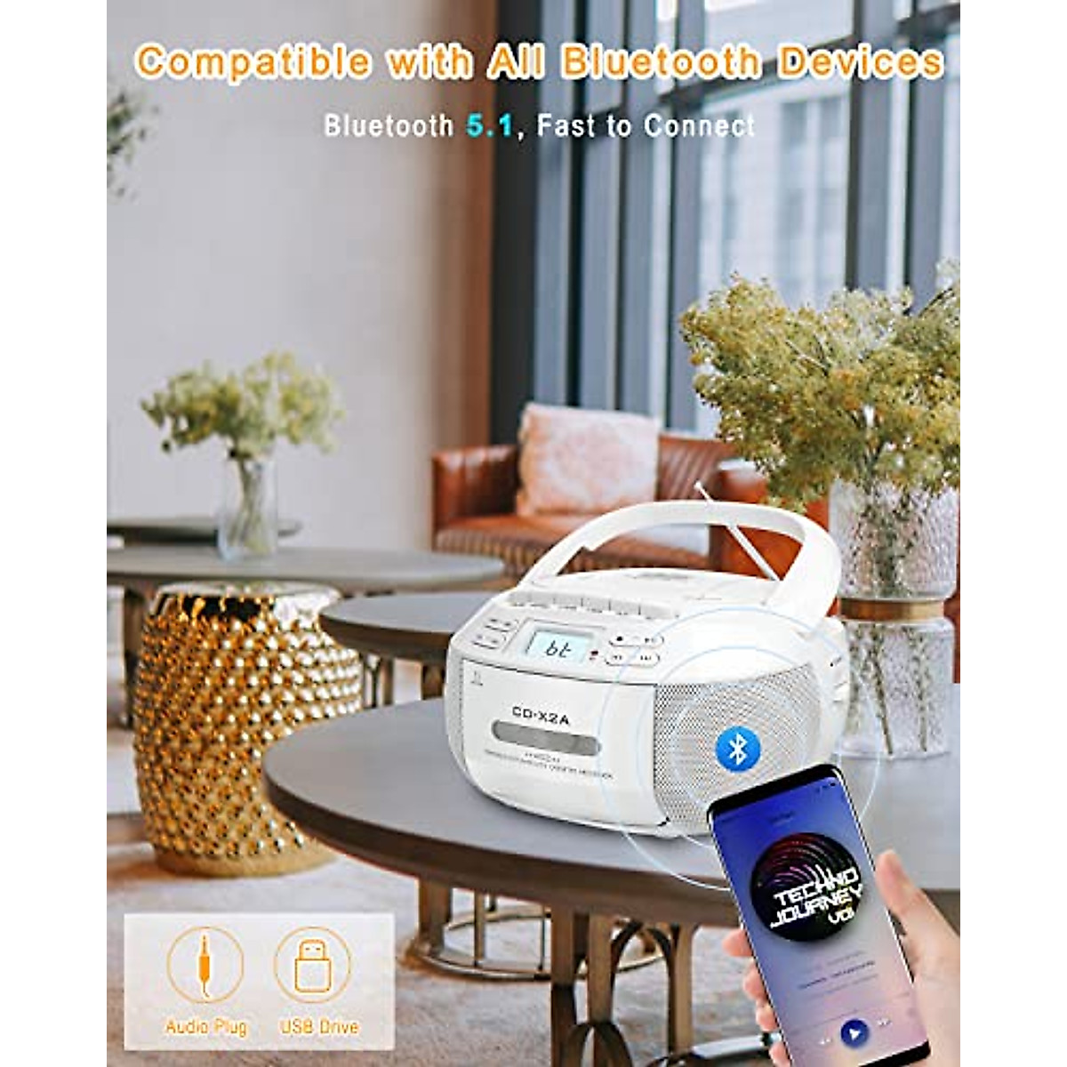 CD Cassette Boombox Player Combo with Bluetooth,AM FM Radio,Sunoony Remote Control with Dual Speakers,Tape Recording,AUX/USB Drive,AC/DC Powered,LCD Display,Headphone Jack for Home,Kids,Seniors,Gift