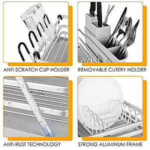 Linkidea Aluminum Dish Drying Rack, 16.9" x 12.6" Compact Rustproof Dish Rack and Drainboard Set, Dish Drainer Strainers with Adjustable Drainage and Removable Cutlery and Cup Holder Fit Kitchen