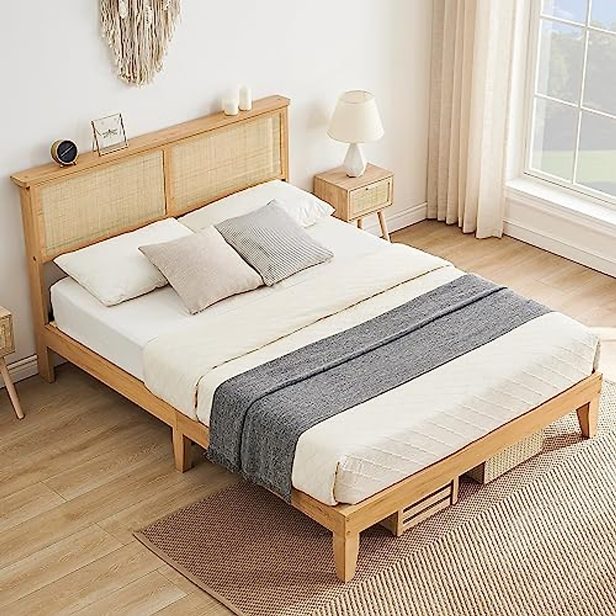 GAOMON Queen Bed Frame with Natural Rattan Headboard, Queen Size Platform Bed Frame with LED Lights & Curved Rattan Headboard & Wooden Support Legs, No Box Spring Needed, Easy Assembly