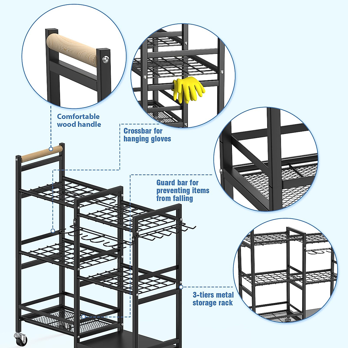 NADAMOO Large Garden Tool Organizer with Rolling Wheel, 3-Tier Metal Shelf Yard Tool Holder, Utility Stand Rack for Garage Organization and Storage, Hold Long-Handled Rakes, Shovel, Broom