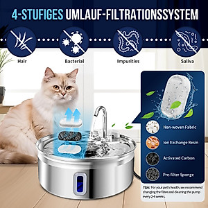 SlowTon Cat Water Fountain Stainless Steel - 3.2L/108oz Large Quite Pet Fountain, Automatic Cat Fountain Dog Water Dispenser with Water Level Window and Replacement Filters, Suitable for Cats, Dogs
