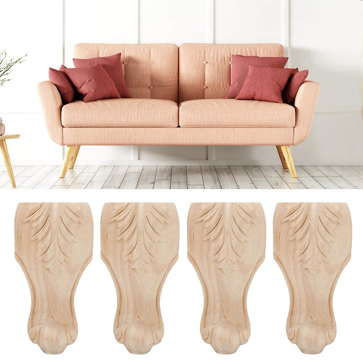 Hztyyier 4pcs Solid Wood Furniture Legs Wood Carved Sofa Couch Chair Ottoman Loveseat Table Cabinet Furniture Wood Legs Wood Unfinished Carved Feet(15x6cm)