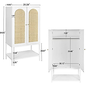 QEIUZON Wardrobe Closet, Rattan Freestanding Wardrobe Cabinet with Storage Cubes & Hanging Rod, Bedroom Armoire Clothes Organizer, 2-Doors-White