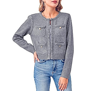 Esobo Womens Knit Cardigan Sweaters Open Front Long Sleeve Cropped Trendy Jacket Outerwear(Grey,Large)