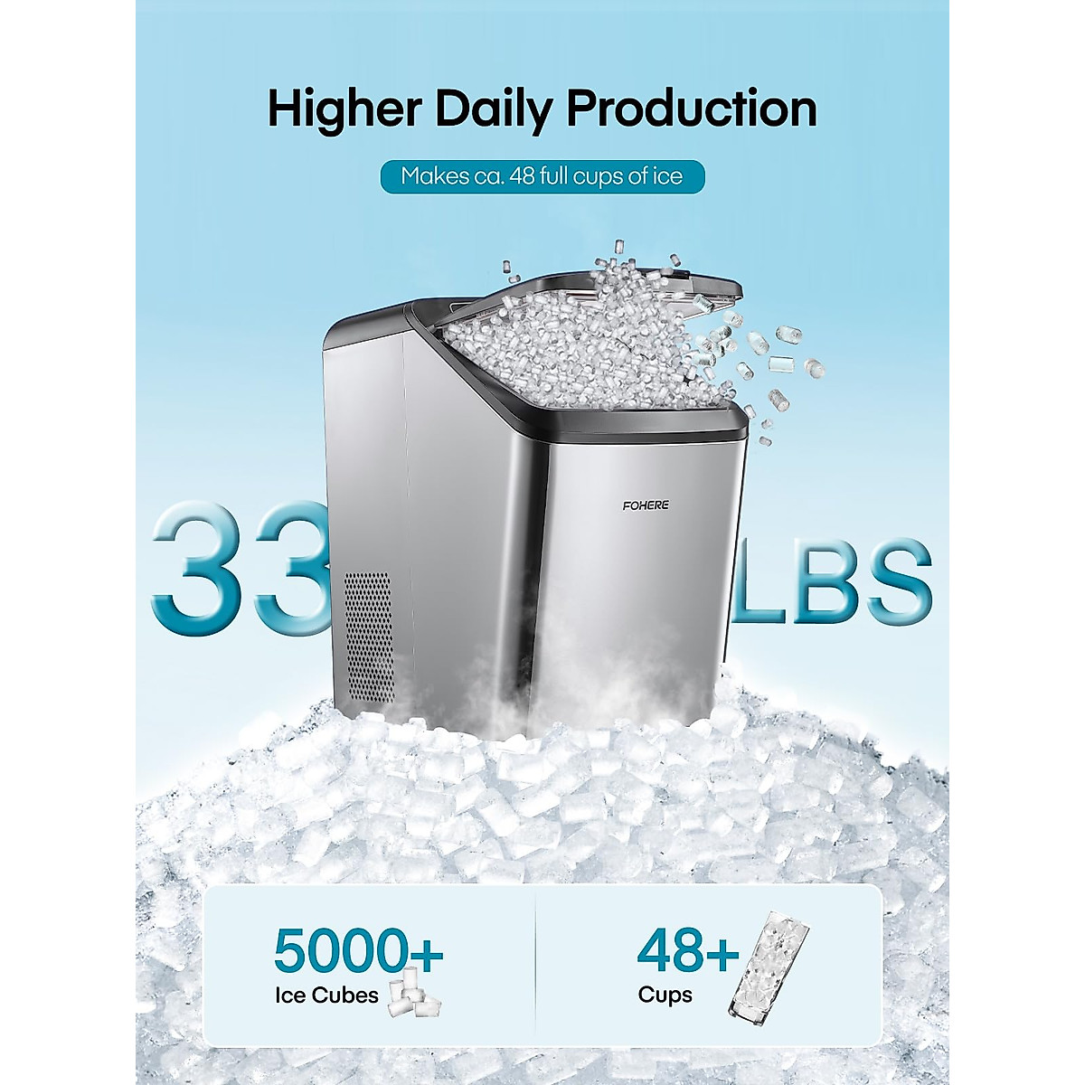 Nugget Ice Maker Countertop, Makes 33lbs Crunchy ice in 24H, 5.3lbs Basket, Self-Cleaning Pebble Ice Machine, Portable Ice Maker for Home/Kitchen/Office/Bar, FOHERE