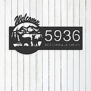 Personalized Couple Deer Mountain Scene Wildlife Welcome Address Sign House Number Plaque Custom Metal Sign 8x8 inches Black Power Coated Home Outdoor Decor Housewarming Gifts