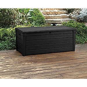 Keter Brightwood 120 Gallon Resin Large Deck Box for Patio Garden Furniture, Outdoor Cushion Storage, Pool Accessories, and Toys, Grey