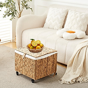 Wimarsbon Storage Basket, Foldable Rolling Hamper With Brakable Wheels and Lid, Handwave Braid Laundry Bin, Clothes Toy Organizer for Living Room (Water Hyacinth)