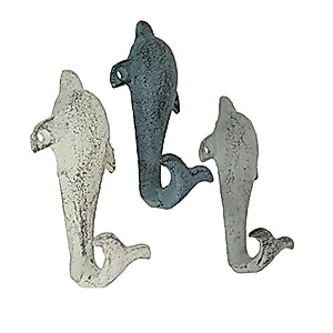 Zeckos Set of 3 Colorful Coastal Cast Iron Dolphin Decorative Wall Hooks Ocean Décor 5 inches High