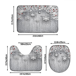 WONDERTIFY Snowflakes Bathroom Antiskid Pad Hanging Christmas Tree Branches 3 Pieces Bathroom Rugs Set, Bath Mat+Contour+Toilet Lid Cover Wooden