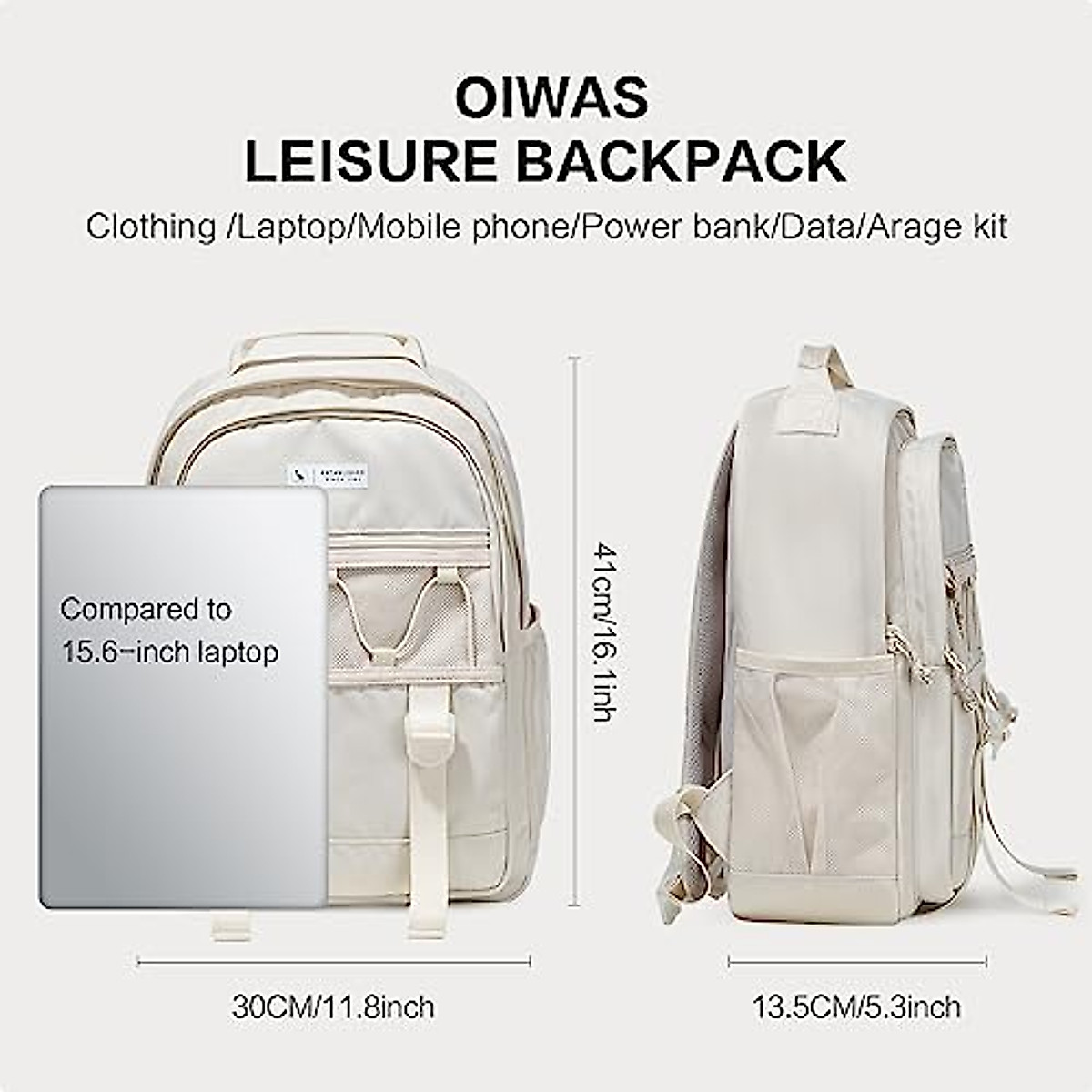 OIWAS Travel Backpack for Women, 15.6 Inch Laptop Bag Unisex 24L Fashion Bag Casual Daypack Large Capacity Computer Backpacks for Work Outdoor Hiking (Off white)