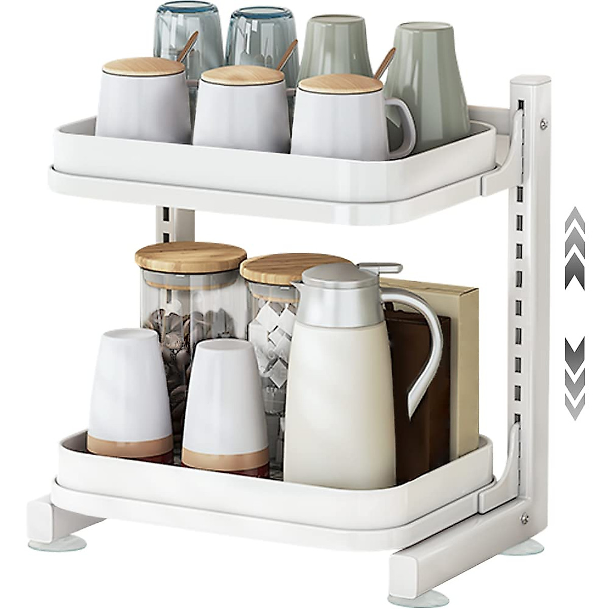 A.B Crew Adjustable 2-Tier Cups Mugs Drying Rack with Drain Tray Cups and Mugs Storage Organizer Coffee Cup Storage Shelf for Kitchen Countertop Decoration White