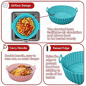 2 Pack Silicone Air Fryer Liners, 8 Inch Reusable Air Fryer Silicone Pot Round Air Fryer Silicone Basket for 3.5 to 7 QT for Baking Oven Microwave Accessories (Pink+Blue)