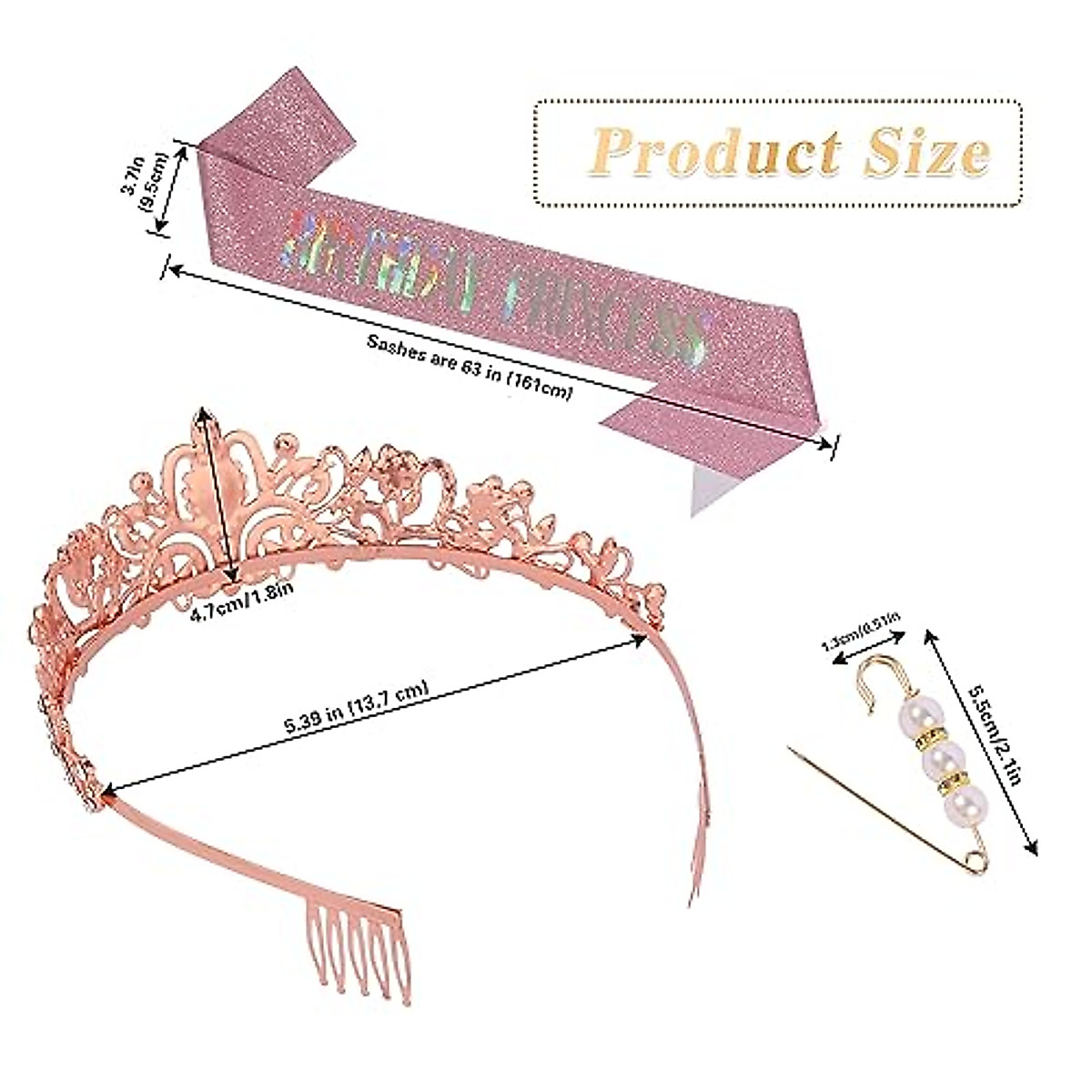 LMJUNZZ Rose Gold Birthday Princess Sash and Crown Set, Adjustable Glitter Sash Rhinestone Crown, Brooch, for Girls' Birthday Decorations