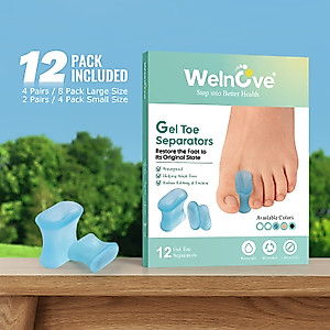 Welnove Upgraded Gel Toe Separators – 12-Pack Bunion Pads – Toe Spacers for Straightening Overlapping Toes, Bunions, Calluses – Soft Silicone Bunion Corrector for Men and Women