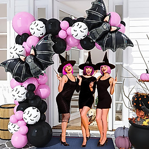 HOUSE OF PARTY Halloween Bat Balloon Garland Kit, 18/12/10/5 inch Black Pink White Balloons Arch with 2 Pcs 40'' Large Bat Foil Balloon, Bat Latex Balloons for Indoor Halloween Party Decorations