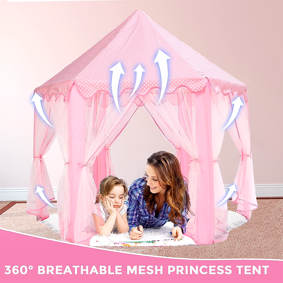 WillingHeart Princess Castle Play Tent for Girls Kids Pink Large Indoor Outdoor Dress Up Pretend Fort Playhouse Children Toddler Fairy Playroom Child Game Party Dream House Camping to Birthday Gift
