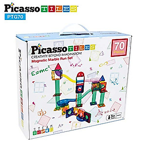 PicassoTiles 70 Piece Marble Run Race Track Magnetic Tiles Magnet Building Block Educational Construction Toy Set Playset STEM Learning Kit Child Brain Development HandEye Coordination Training PTG70