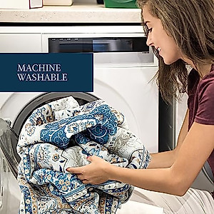 Area Rug Living Room Rugs: 9x12 Machine Washable Rug Soft Low Pile Area Rug with Non-Slip Backing, Medallion Floor Carpet for Bedroom Dining Room Nursery Home Office-Blue/Cream