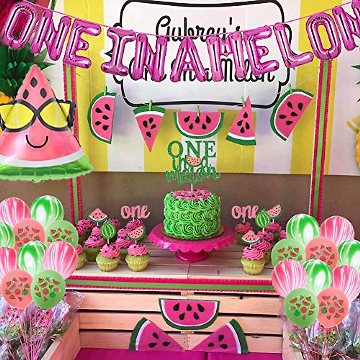 Watermelon First Birthday Party Supplies One in a Melon Balloons Watermelon Photo Banner Pink Glittery Watermelon One Cake Cupcake Topper Summer Fruit Girls 1st Birthday Party Supplies Decorations