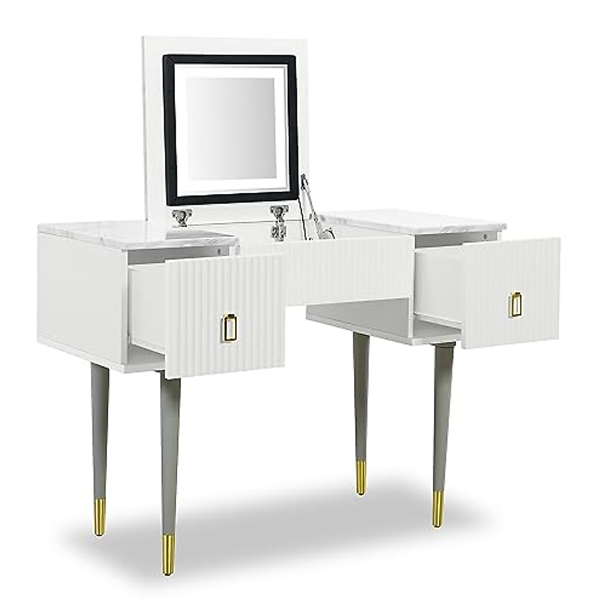 JIVOIT Vanity Table Set, 43.3" Modern Vanity Table Set with Flip-top Mirror and LED Light, Dressing Table with Customizable Storage, Vanity Dressing Table for Bedroom Women Girls (White+Gray 7)