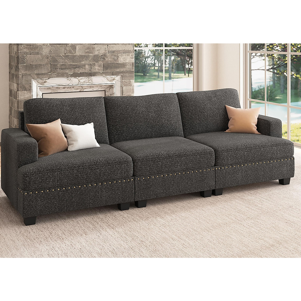Nolany Modular Sofa Couch Upholstered Fabric Oversized 3 Seat Couch Sofa for Living Room, Dark Grey