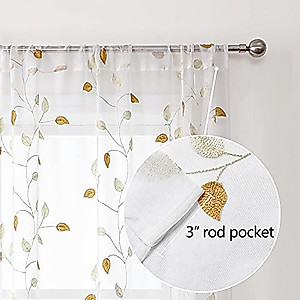 Fragrantex White and Yellow Sheer Curtains for Bedroom 95 inch Long 2 Panels Floral Embroidered Gold Leaf Silver Patterned Curtains & Drapes 3" Rod Pocket Window Treatment Set,38" Wx95 L