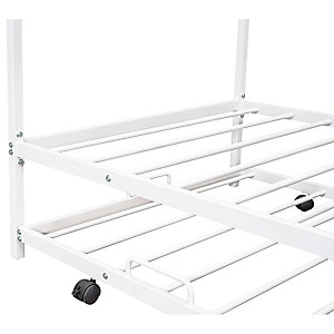 Metal House Bed with Trundle, Montessori Bed Twin Size Platform Bed Frame with Roof, Tent Bed, Modern Style Heavy-Duty Steel Frame Playhouse Bed for Kids Teens Girls Boys (Twin, White)