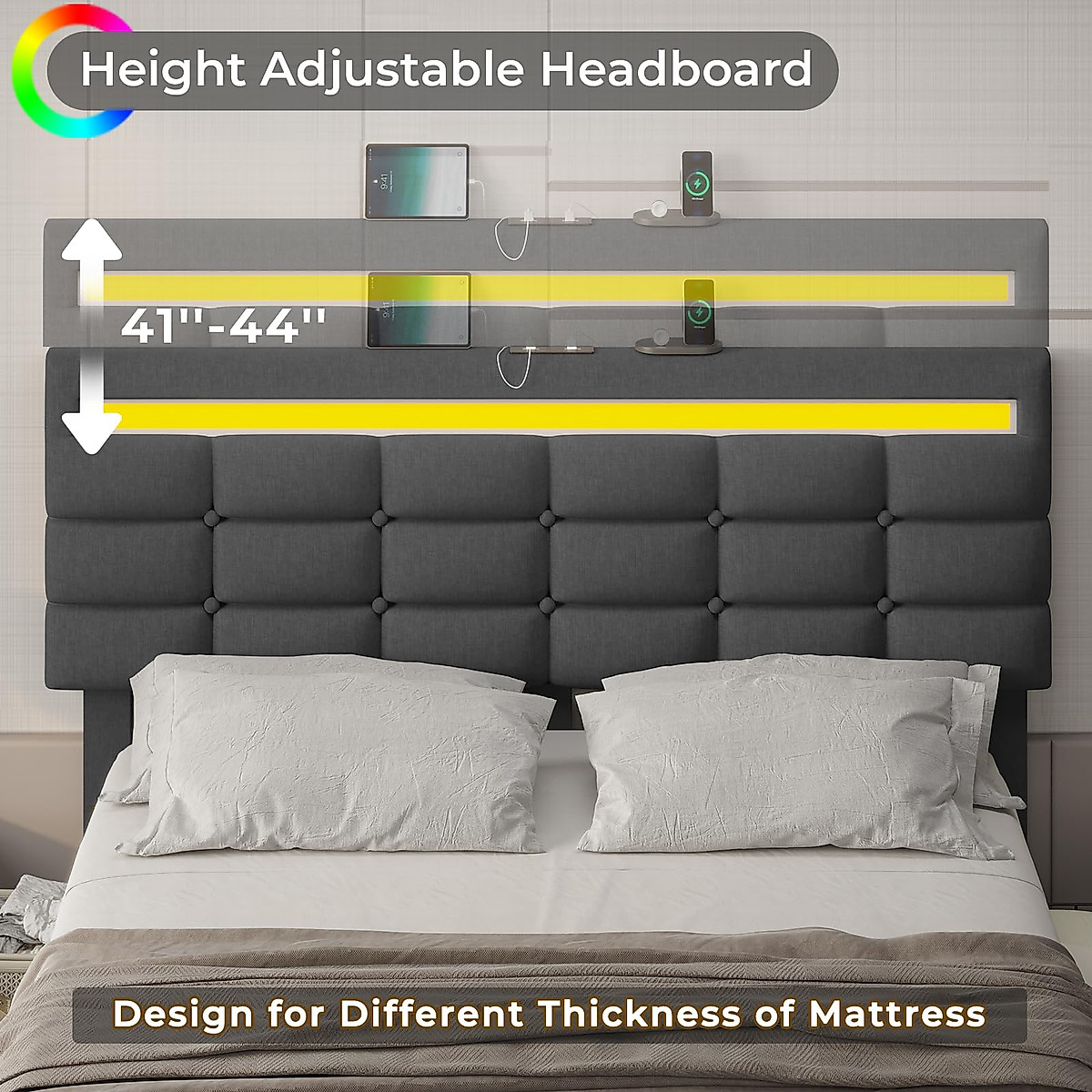 BTHFST Queen Bed Frame with LED Lights & 2 USB Charging Station,Queen Size Bed Frame with Adjustable Headboard,Bed Frame with Storage,No Box Spring Needed,Noise Free,Dark Grey