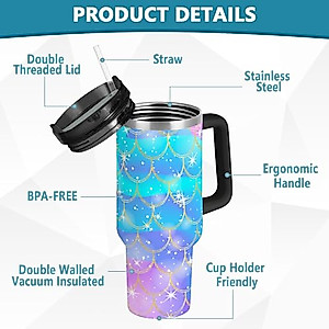 Yasala Car Tumbler with Handle Fantasy Magic Mermaid Scales Glitter Travel Mug Coffee Cup Insulated Beverage Container Mega Cup for Hot Cold Drinking Thermos Water Bottle Cupholder Friendly 40 oz