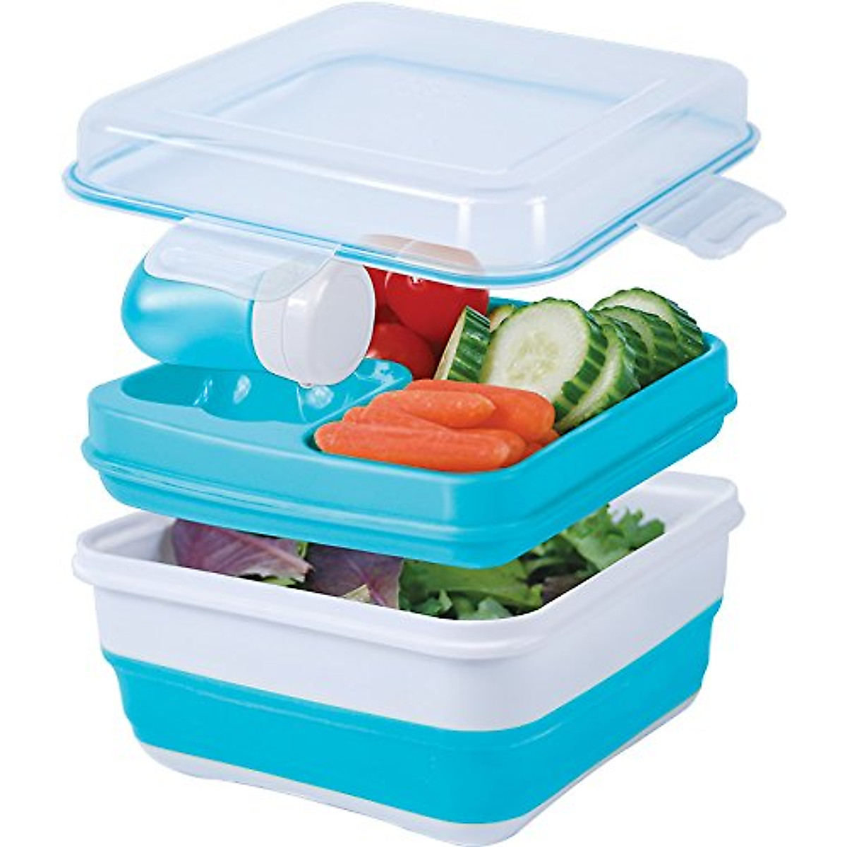COOL GEAR 2-Pack Large Expandable To-Go Salad Kit Lunch Containers - Square - 52 oz Bowl with 3 Compartments for Salad Toppings and 2 oz Salad Dressing Bottle | Leakproof, Bento Meal Prep