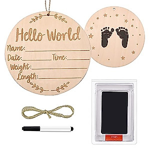 Baby Announcement Sign, 5.9 inch Double Side Wooden Birth Announcement Sign with Ink Pad for Baby Hand and Footprints for Hospital Hello World Newborn Announcements