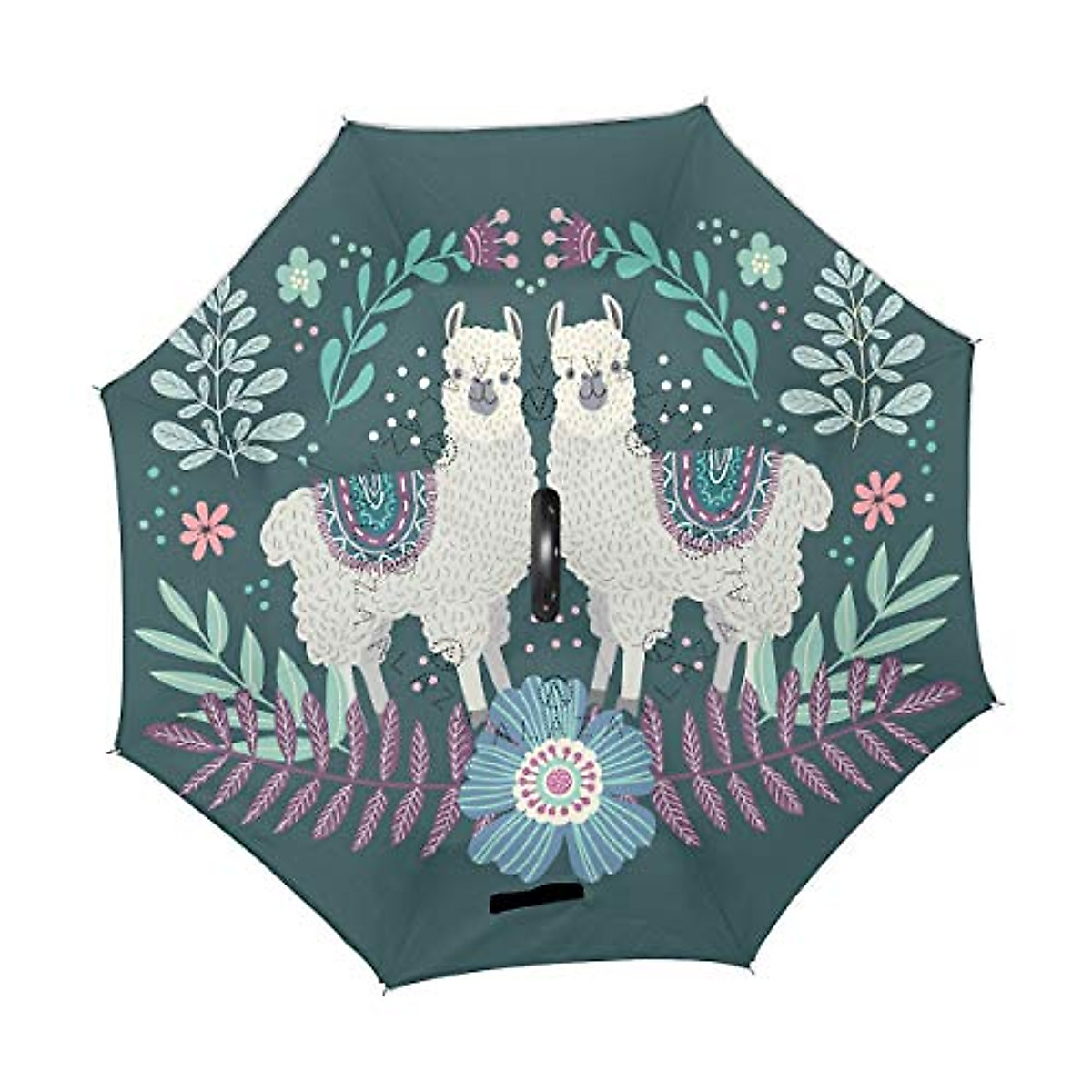 ALAZA Cartoon Llamas Windproof Inverted Open Close Reverse Rain Umbrella Inside Out Quality Waterproof Parasol Upside Down Stick Shelter with Hook c Handle